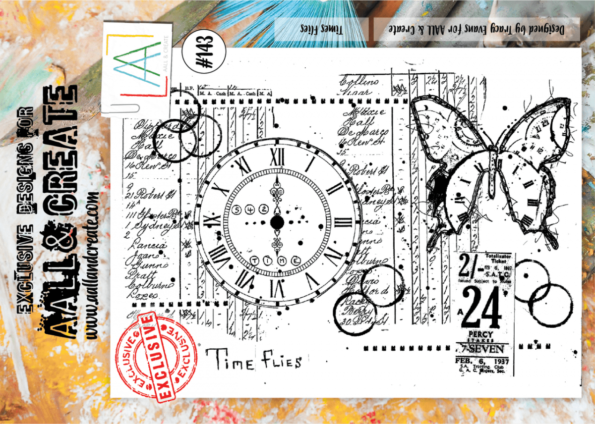 #143 Time flies stamp - Bakgrundsstämplar med fjäril och klocka från ...